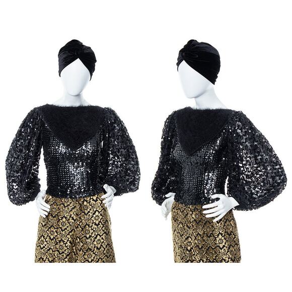 Vintage | Tops | Vintage 97s 1980s Blouse 70s 80s Black Sequin Knit ...
